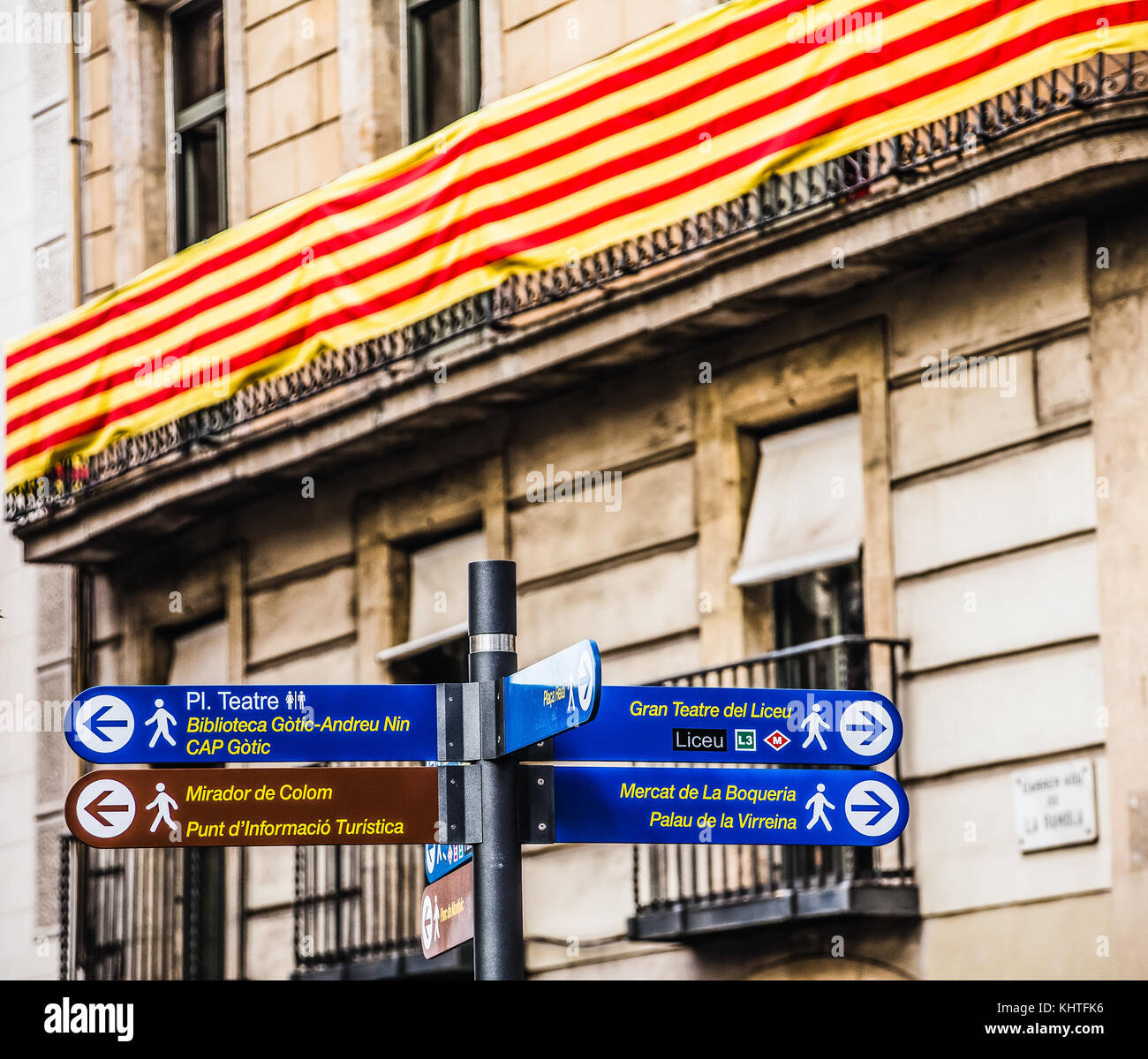 Signs, banners and flags cover the cityscape of Barcelona in support of ...