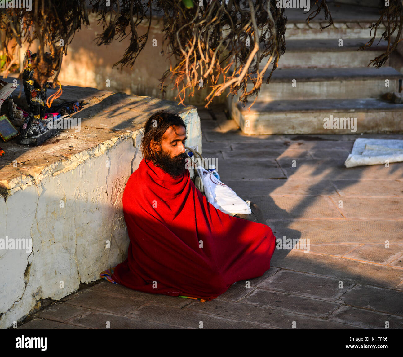 Pushkar, India - Nov 5, 2017. A meditating Sadhu under Bodhi Tree in ...