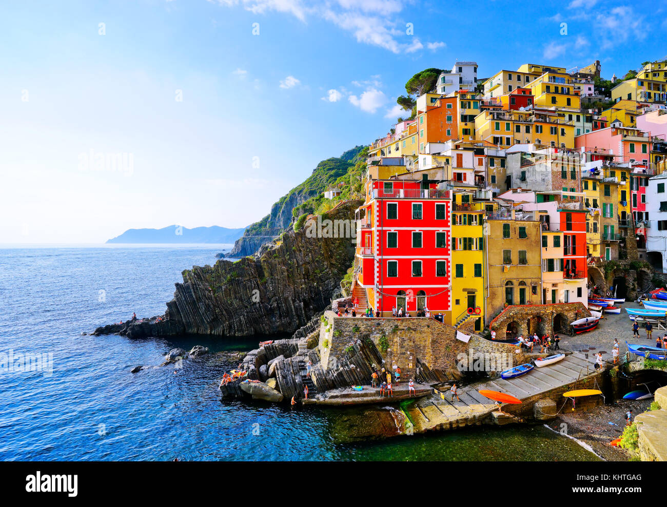 View of the colorful houses along the coastline of Cinque Terre area in ...