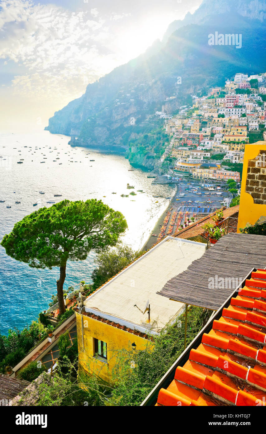 View of Positano village on a sunny day along Amalfi Coast in Italy ...