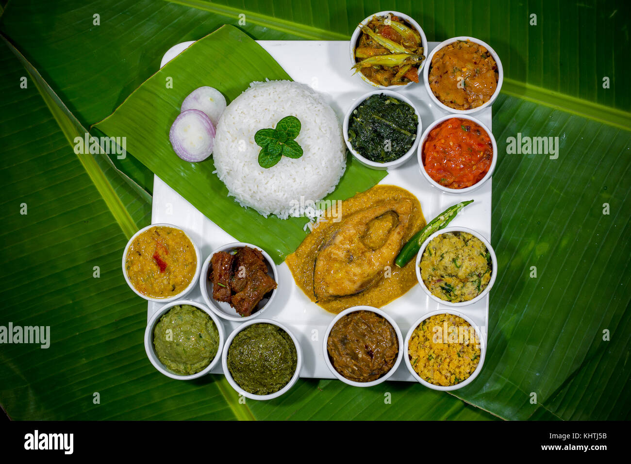 Bangla Cuisine Vorta, vaji, fish curry and vegetables curry platter ...
