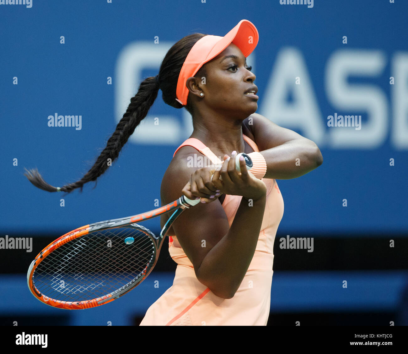 American tennis player SLOANE STEPHENS (USA) hitting a forehand shot ...