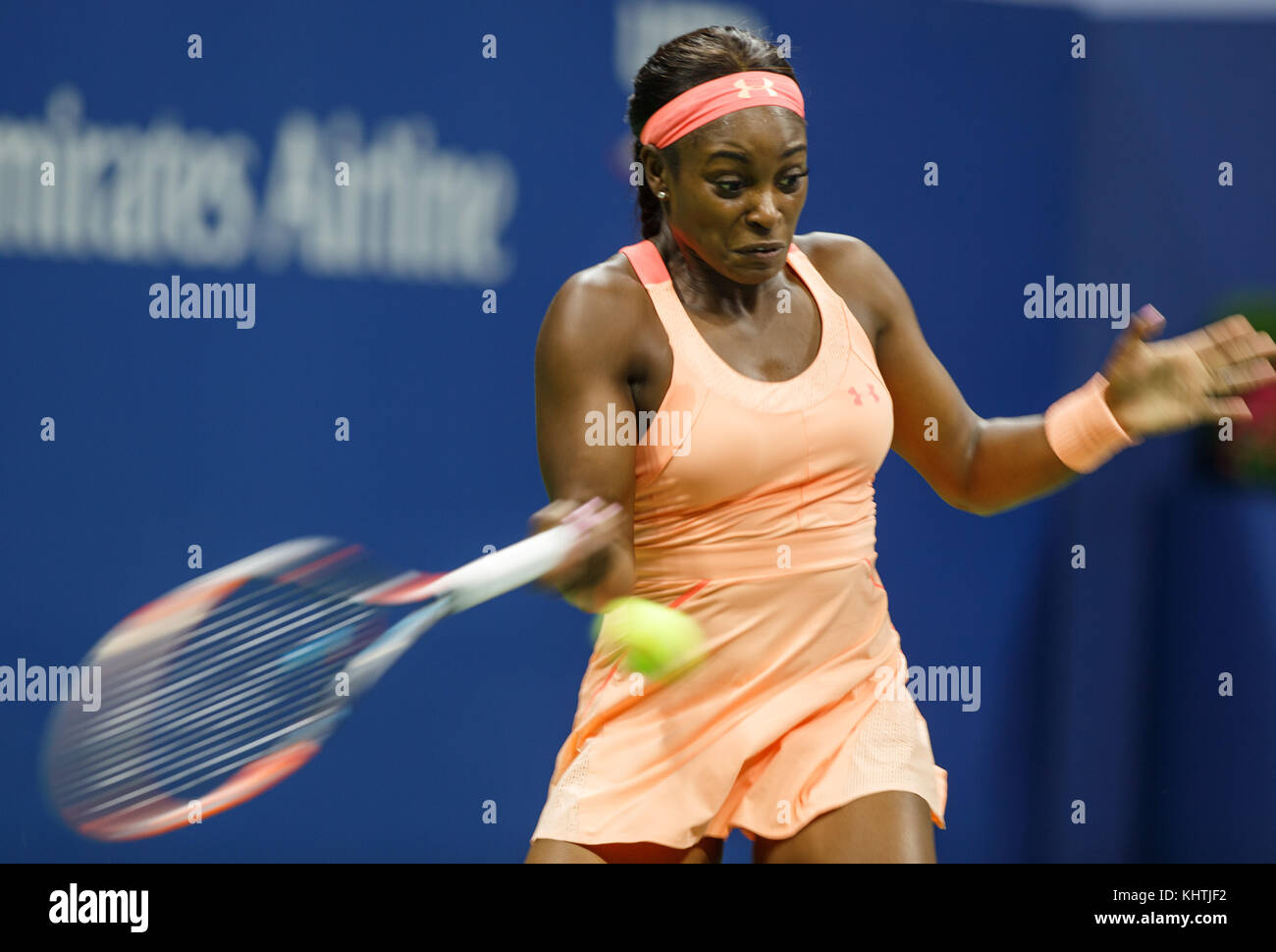 American tennis player SLOANE STEPHENS (USA) hitting a forehand shot ...