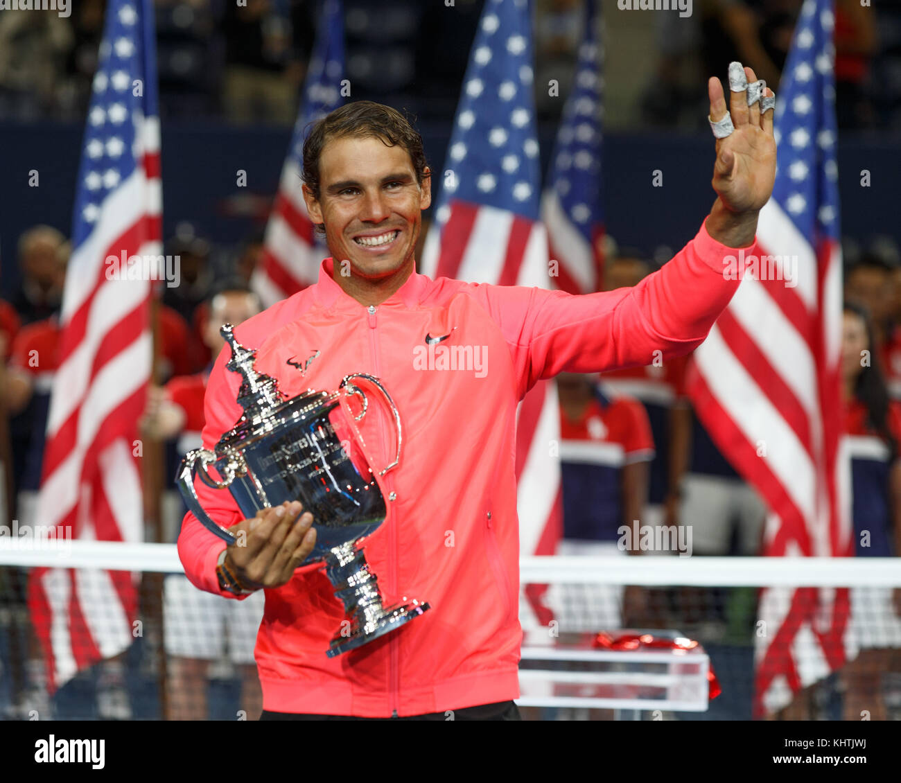 Spanish tennis player Rafael Nadal poses with the championship trophy ...
