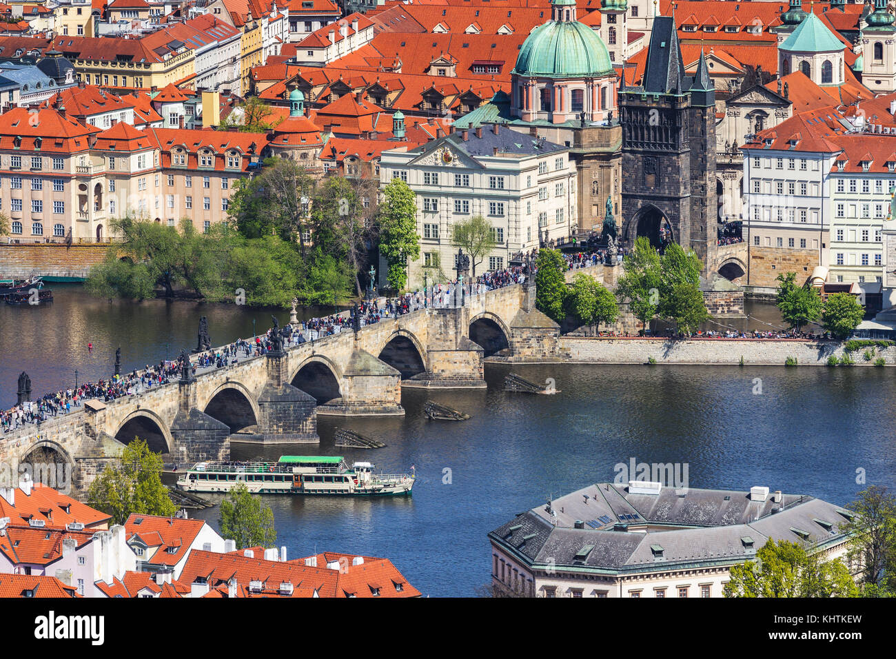 Skyline view panorama of Charles bridge (Karluv Most) with Old Town in Prague. Czech Republic ...