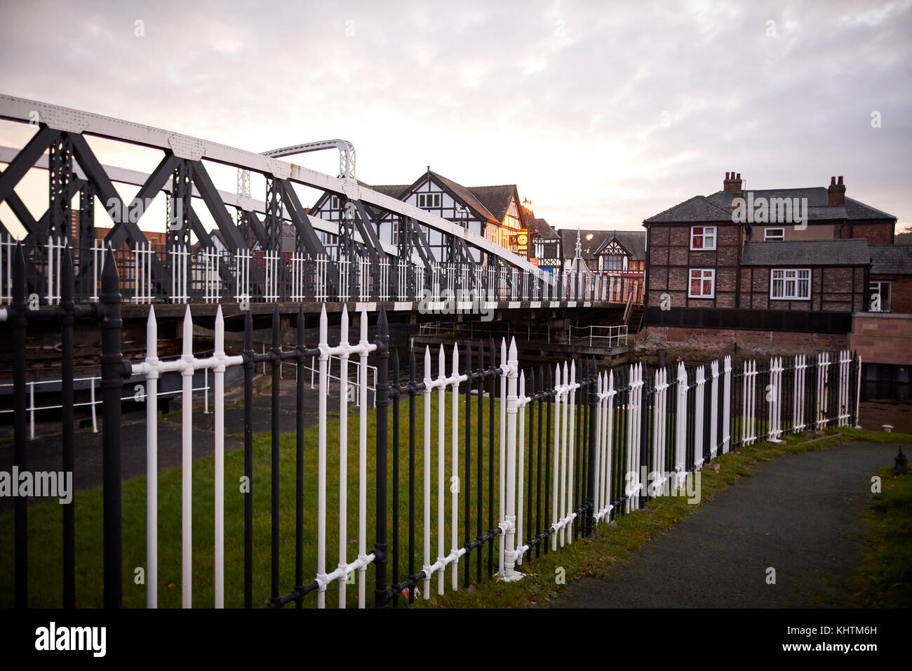 The Northwhich Town Swing Bridge over the River Weaver, with the Tudor ...