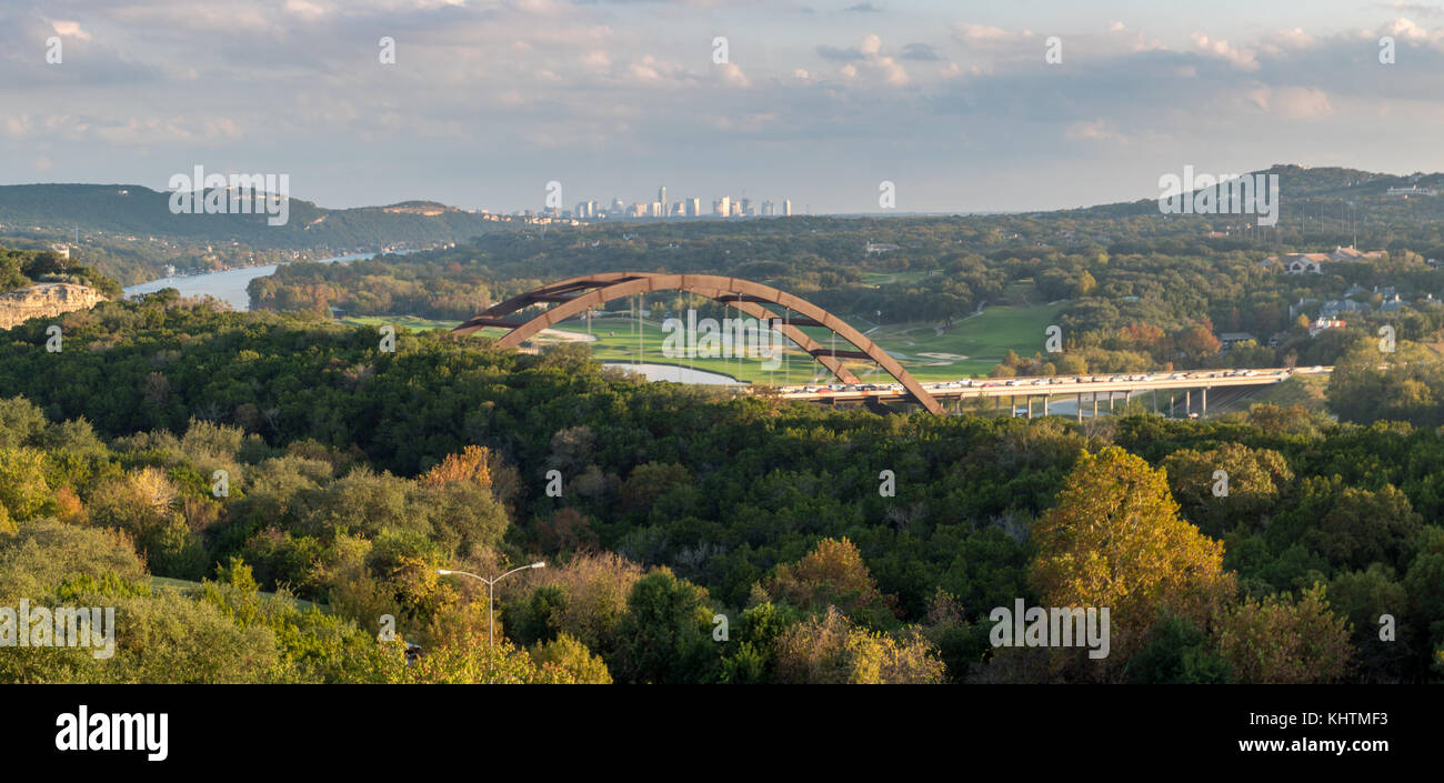 Partial View of the Austin 360 Bridge with Downtown Austin Skyline in ...