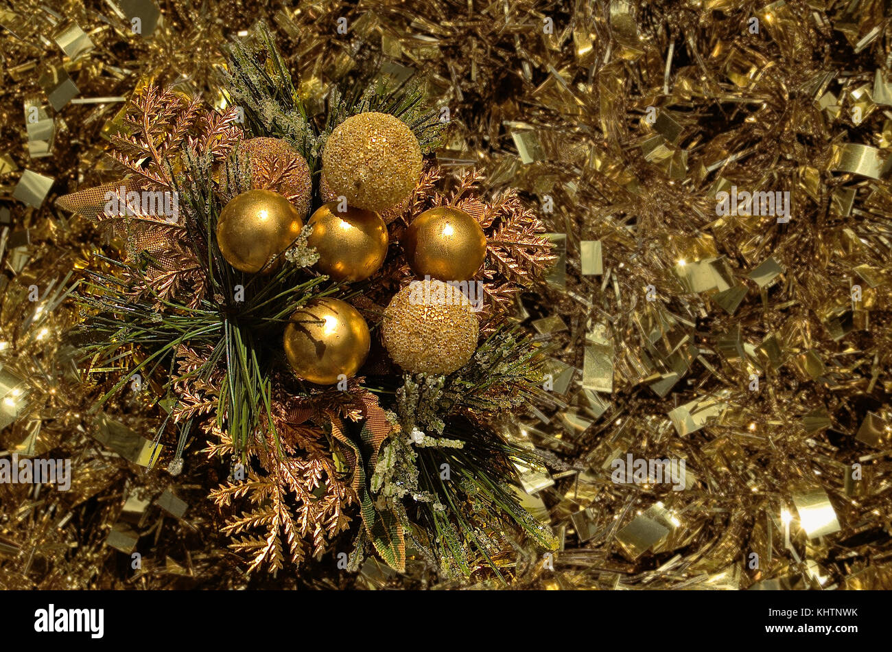 Christmas decorations with golden tinsel Stock Photo - Alamy