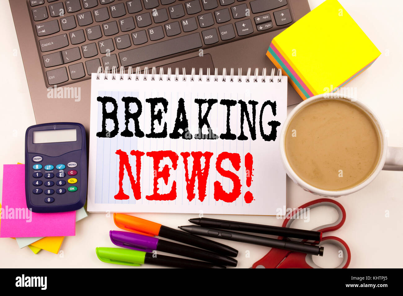 Word writing Breaking News in the office with surroundings such as ...