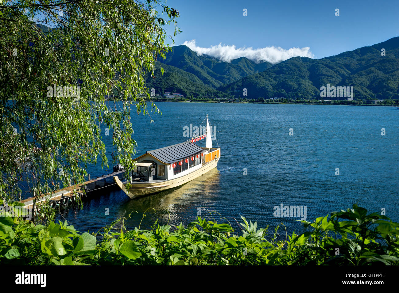 Ship at Mount Fuji in Summer with blue sky and clouds water lake Stock ...