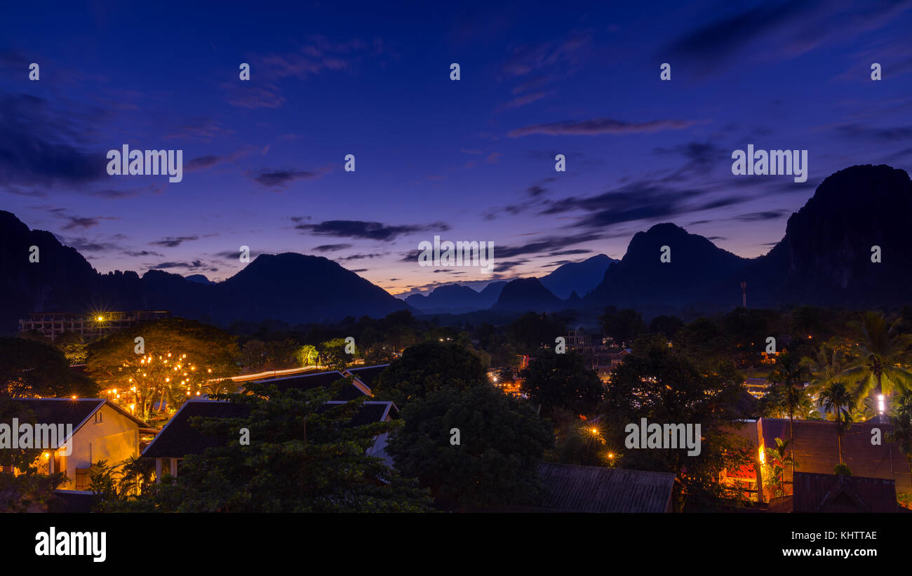 Viewpoint and beautiful night scenic at Vang Vieng, Laos Stock Photo ...