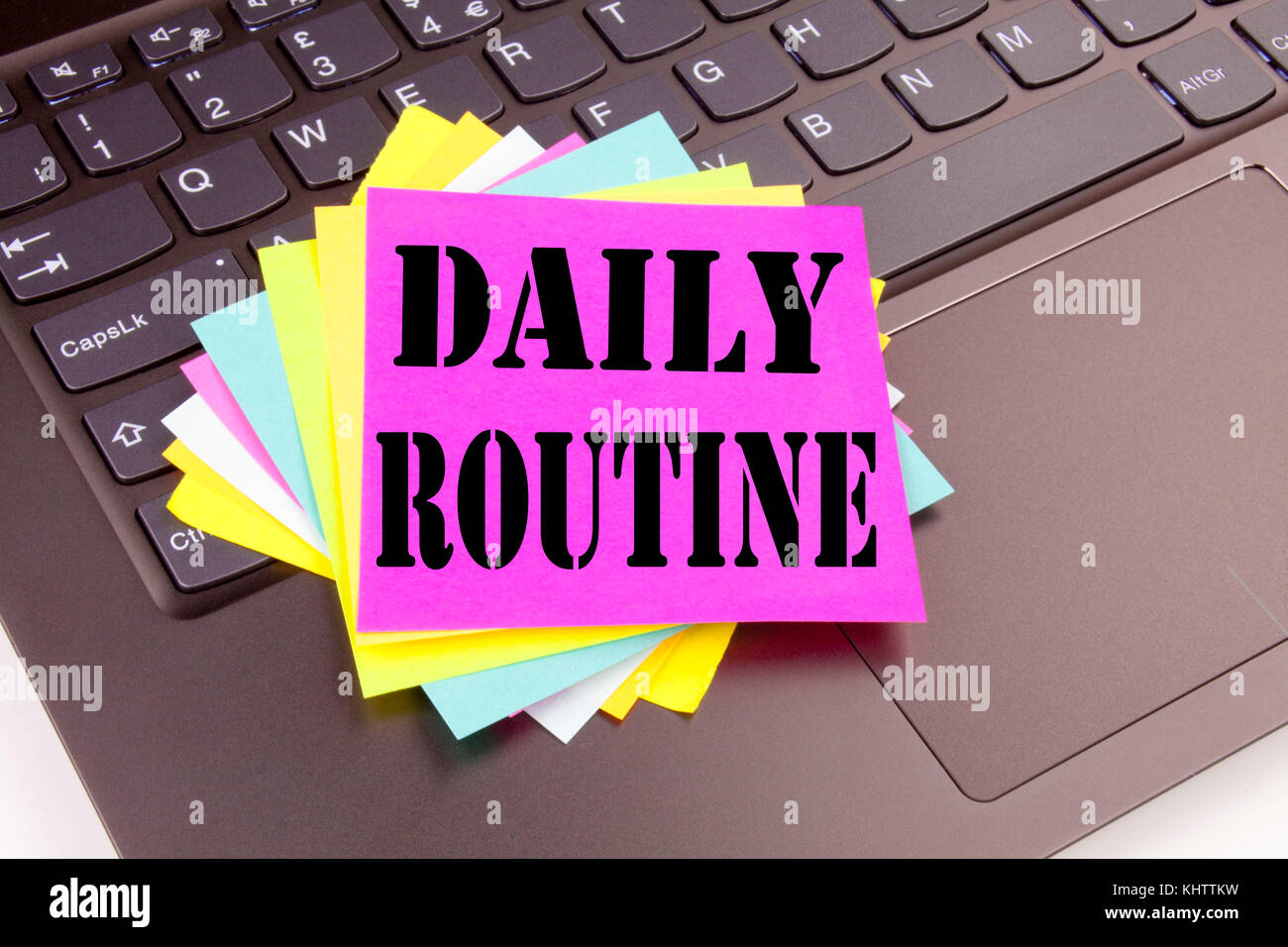 Writing Daily Routine text made in the office close-up on laptop ...