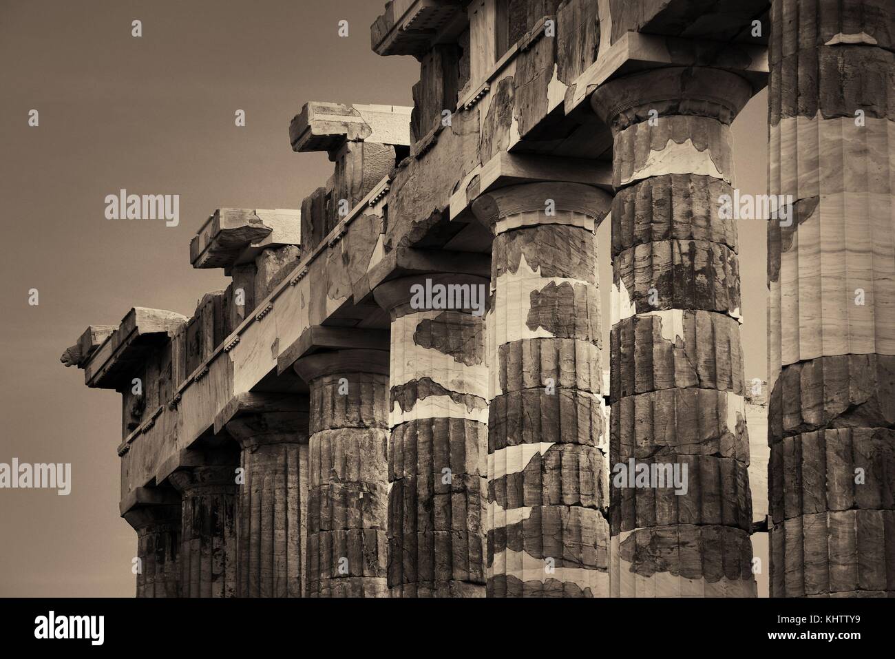 Columns closeup view of Acropolis historical ruins in Athens, Greece ...