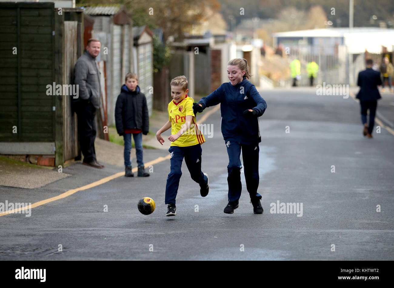 Watford fans play football near the ground before the Premier League ...
