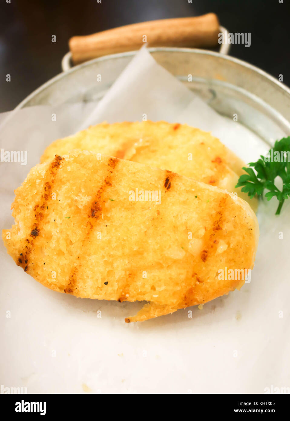 Close up of Yellow Garlic bread on the pan Stock Photo - Alamy