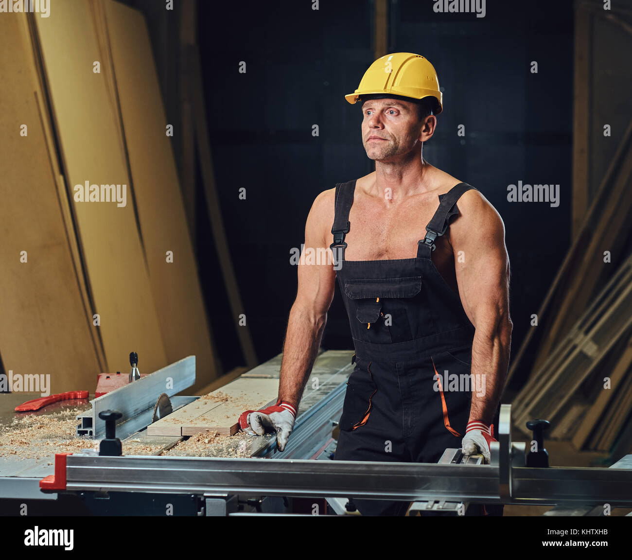 Portrait of shirtless muscular carpenter Stock Photo - Alamy