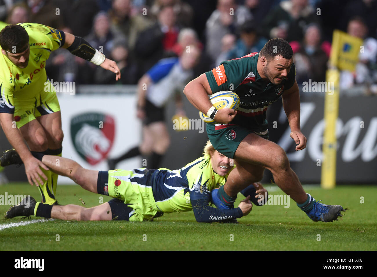 Leicester Tigers' Ellis Genge crosses to score his teams second try ...