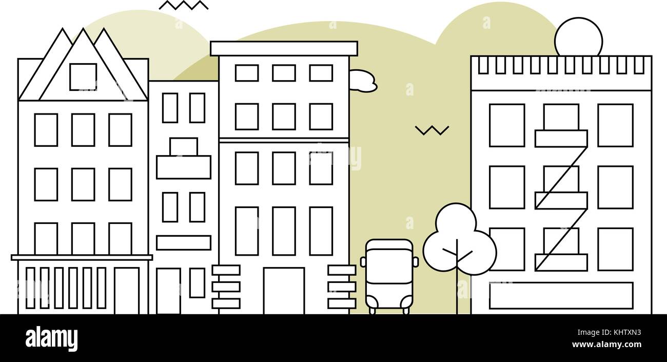 Modern street scenery in flat outline design style. Residential ...