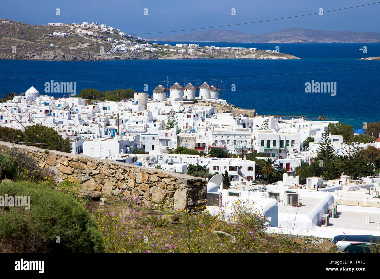 Overview on Mykonos-town with the famous windmills, Mykonos island ...