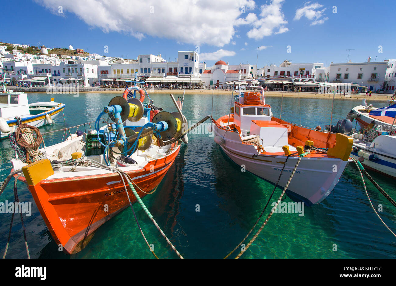Fishing boats at the beach of Mykonos-town, Mykonos island, Cyclades ...