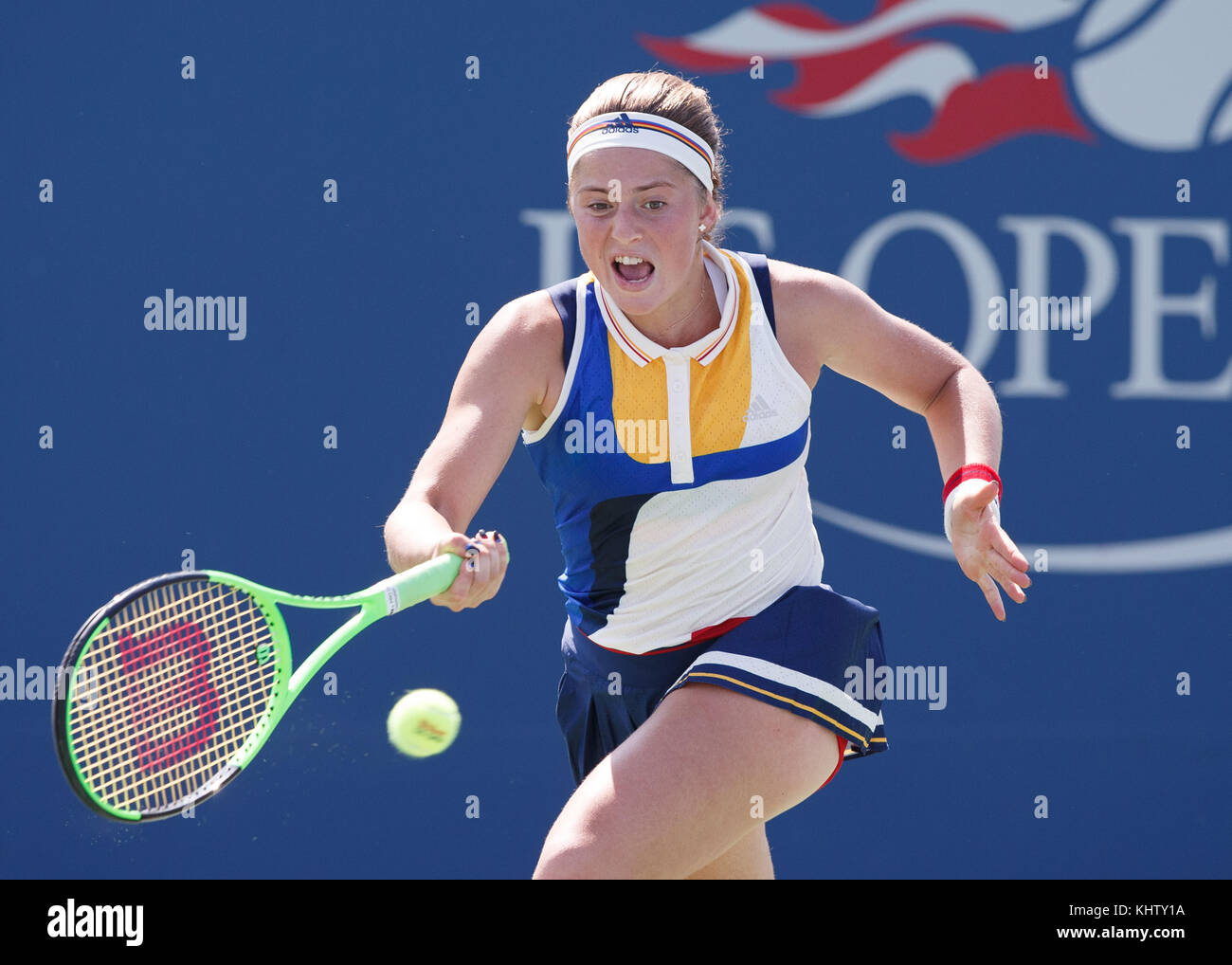 Latvian tennis player JELENA OSTAPENKO (LAT) hitting a forehand shot ...