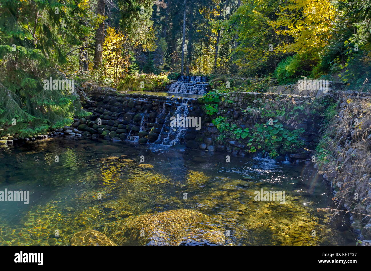 Old park Tsarska or Royal Bistritsa with terraced river, waterfall and ...