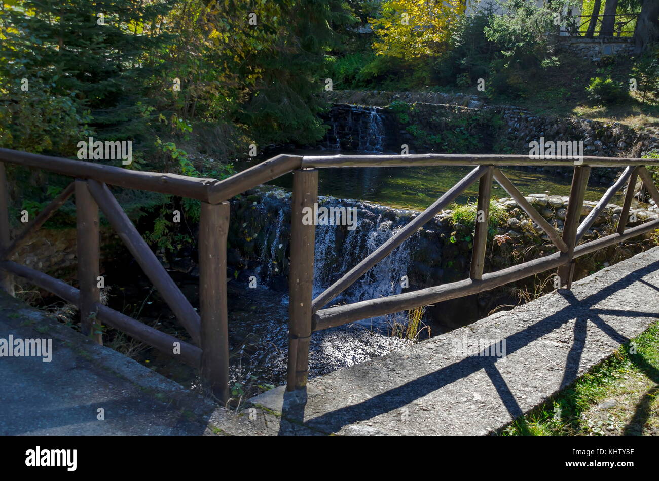 Old park Tsarska or Royal Bistritsa with terraced river, waterfall and ...