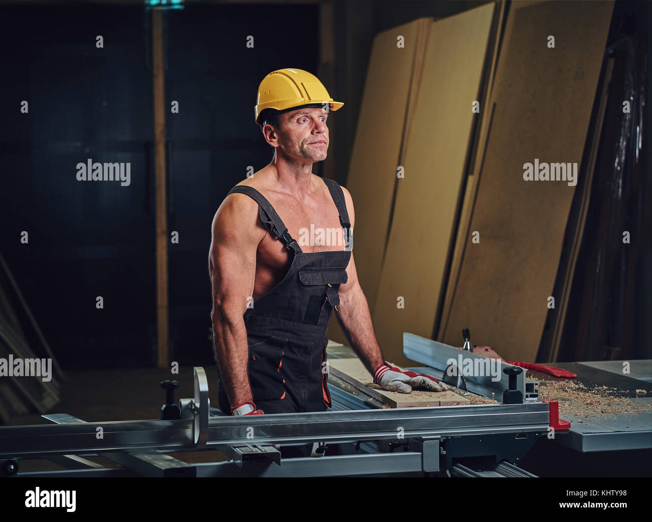 Portrait of shirtless muscular carpenter Stock Photo - Alamy