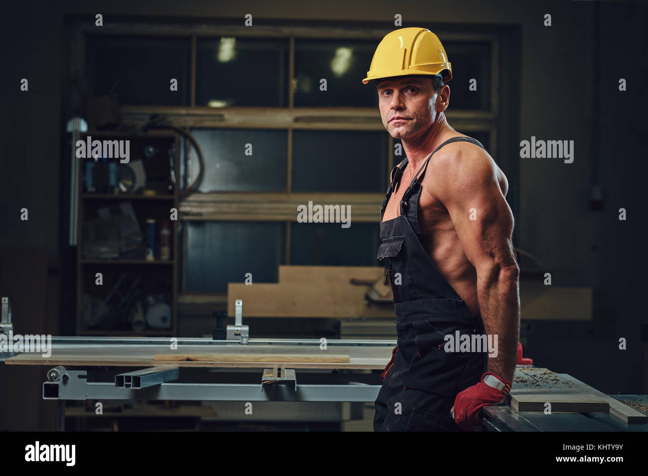 Portrait of shirtless muscular carpenter Stock Photo - Alamy