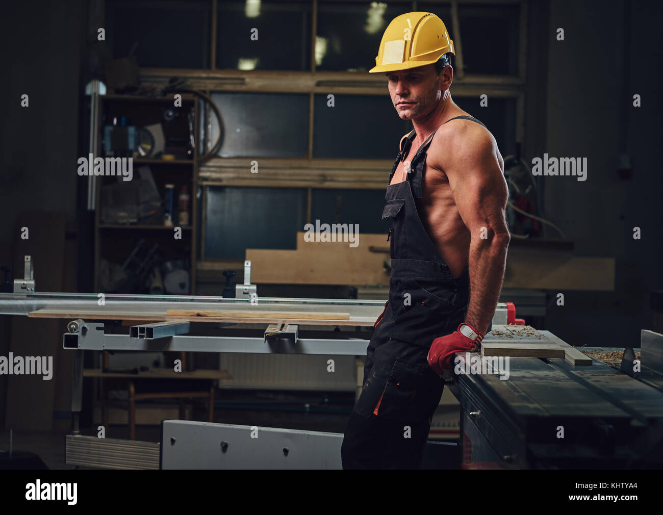 Portrait of shirtless muscular carpenter Stock Photo - Alamy