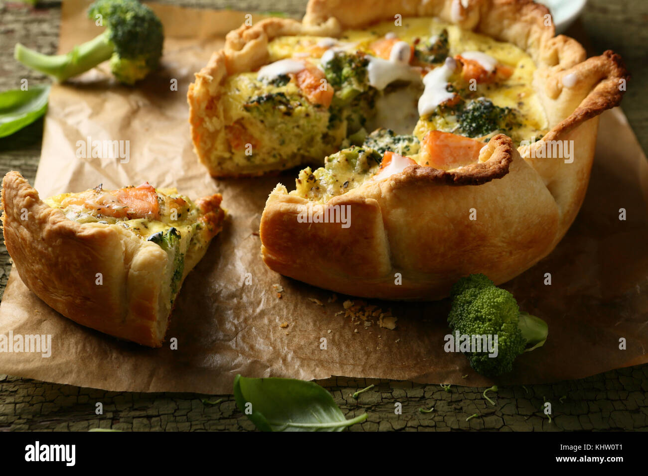Hot salmon quiche slice, food closeup Stock Photo - Alamy