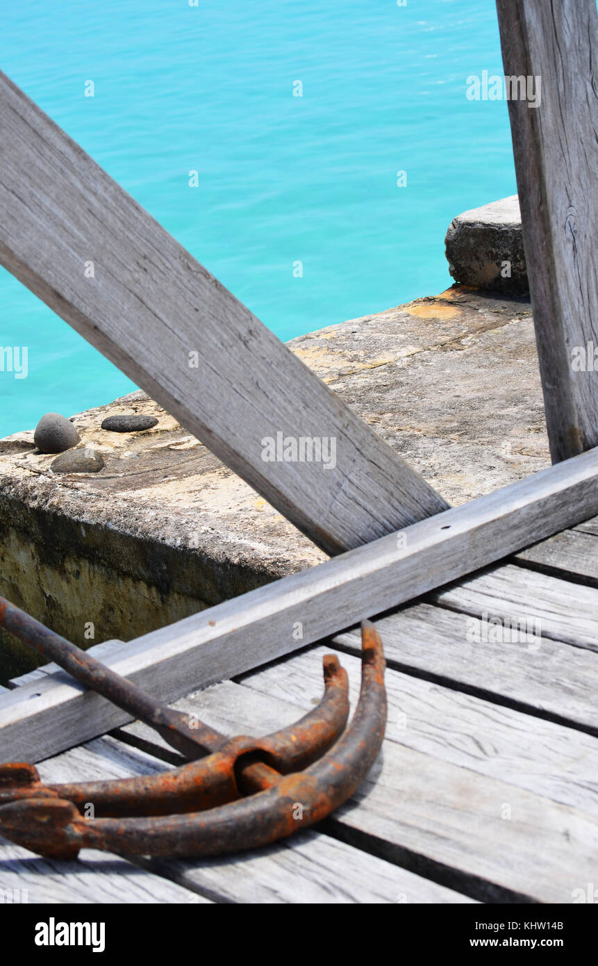 Boat anchor on wooden jetty Mystery Island South Pacific Stock Photo ...