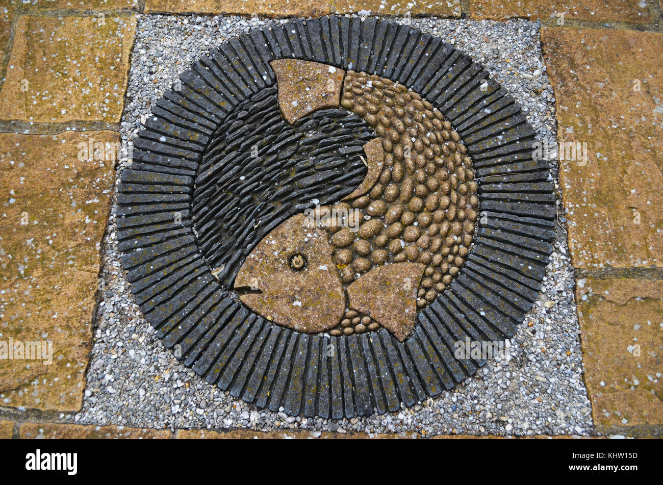 Fish mosaic in paving United Kingdom Stock Photo - Alamy