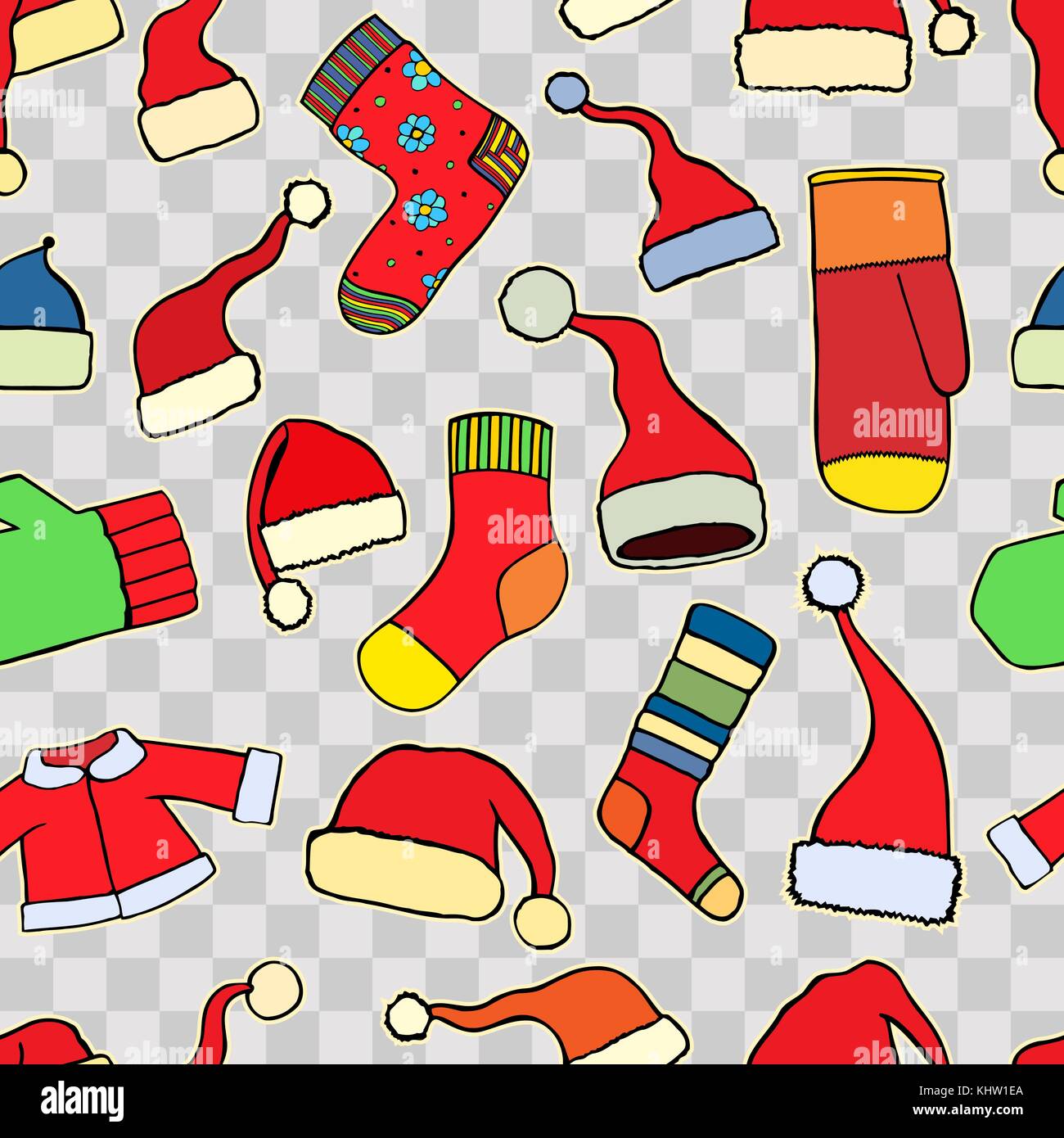 Christmas seamless texture with socks and red caps. Vector illustration ...