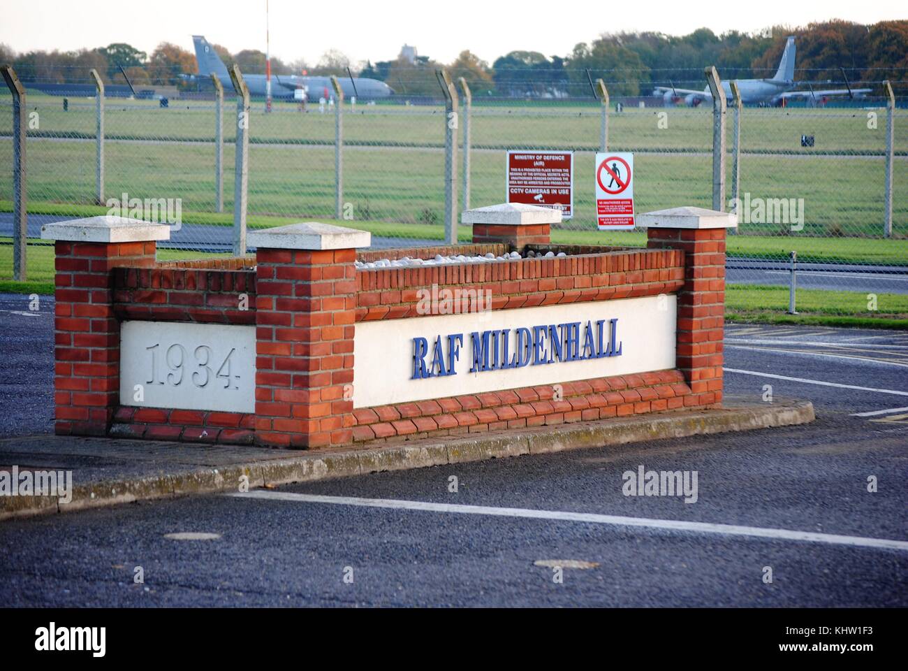 RAF Mildenhal airforce airbase entrance gate sign with KC 135 in ...