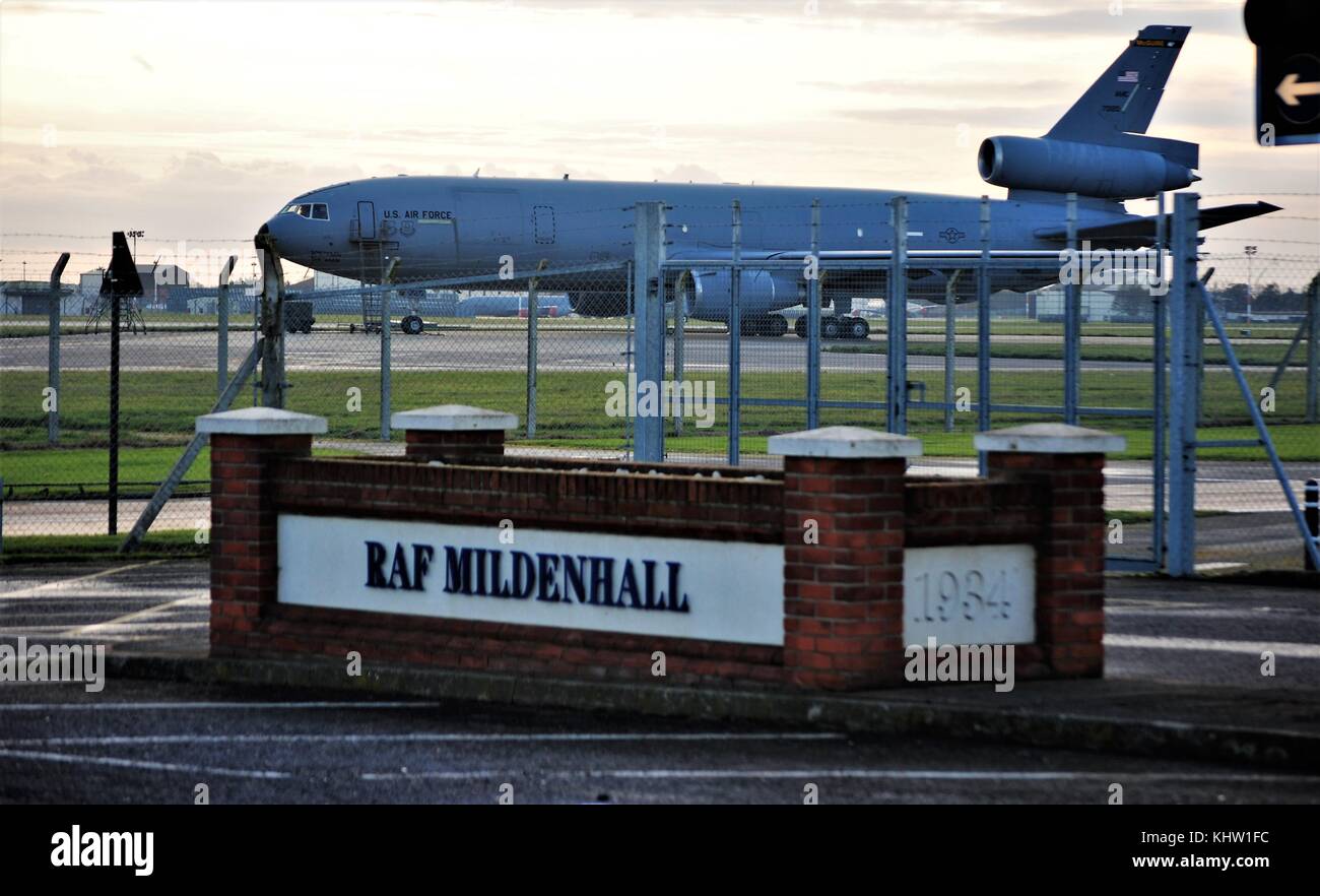 RAF Mildenhal airforce airbase entrance gate sign with KC 135 in ...