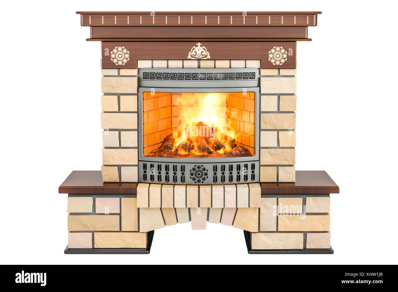 Fireplace front view, 3D rendering isolated on white background Stock ...