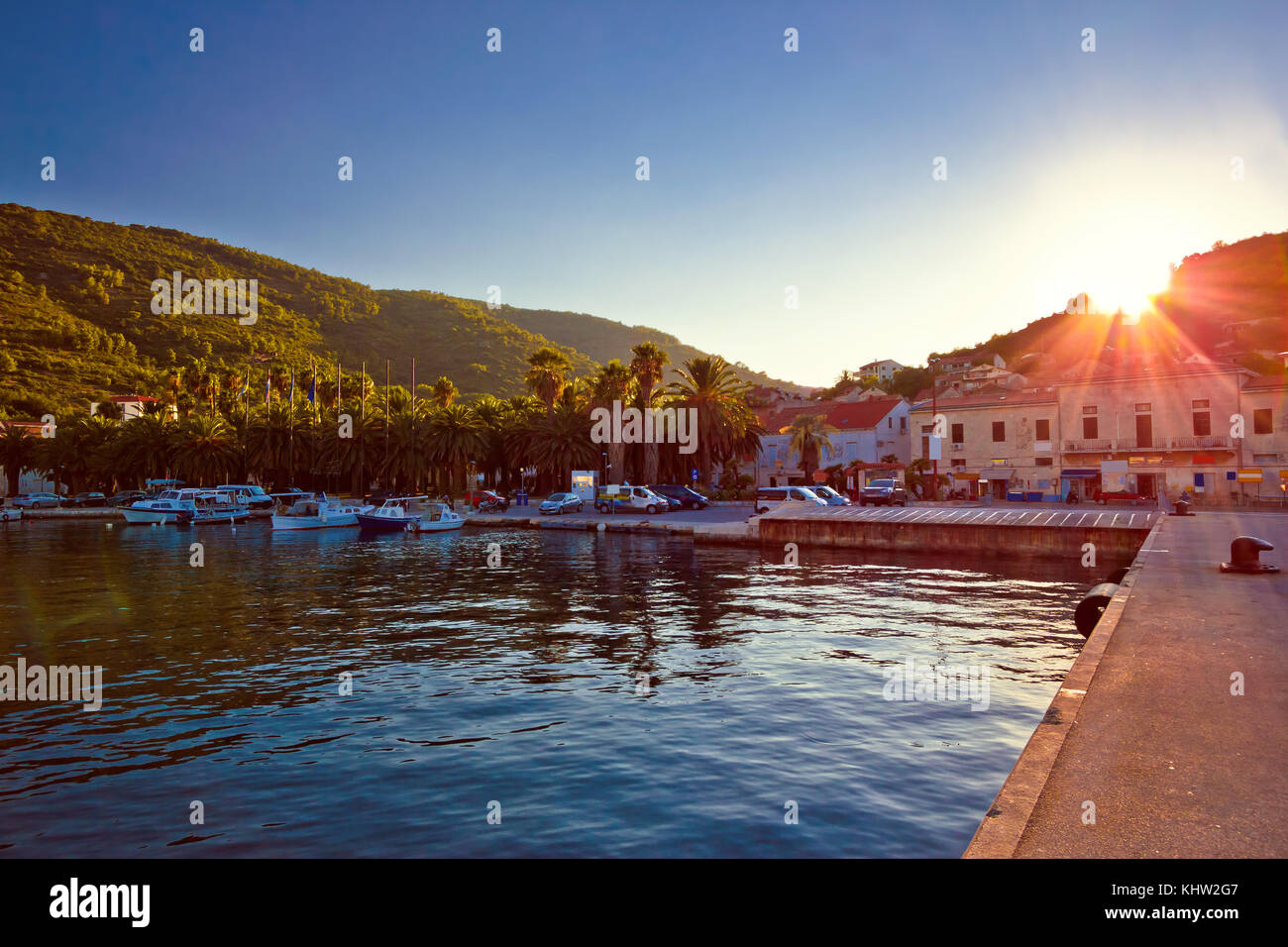 Island of Vis harbor at sunset view, Dalmatia archipelago of Croatia ...