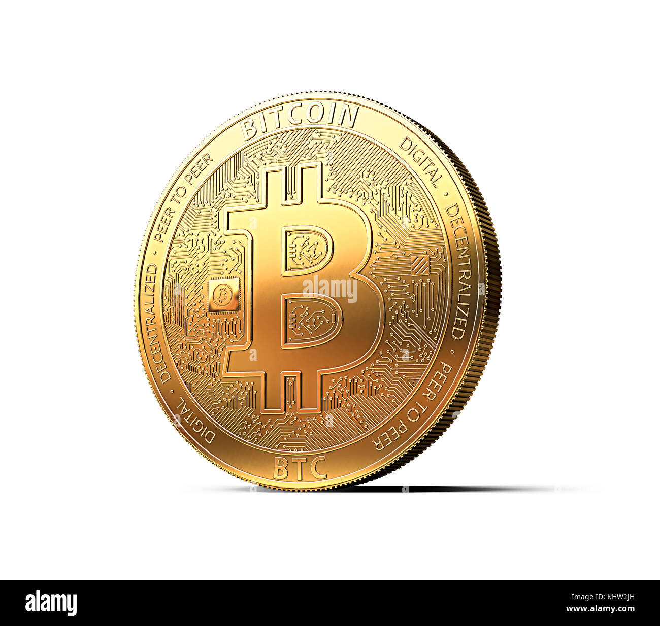 Golden Bitcoin (BTC) isolated on white background. 3D rendering Stock ...