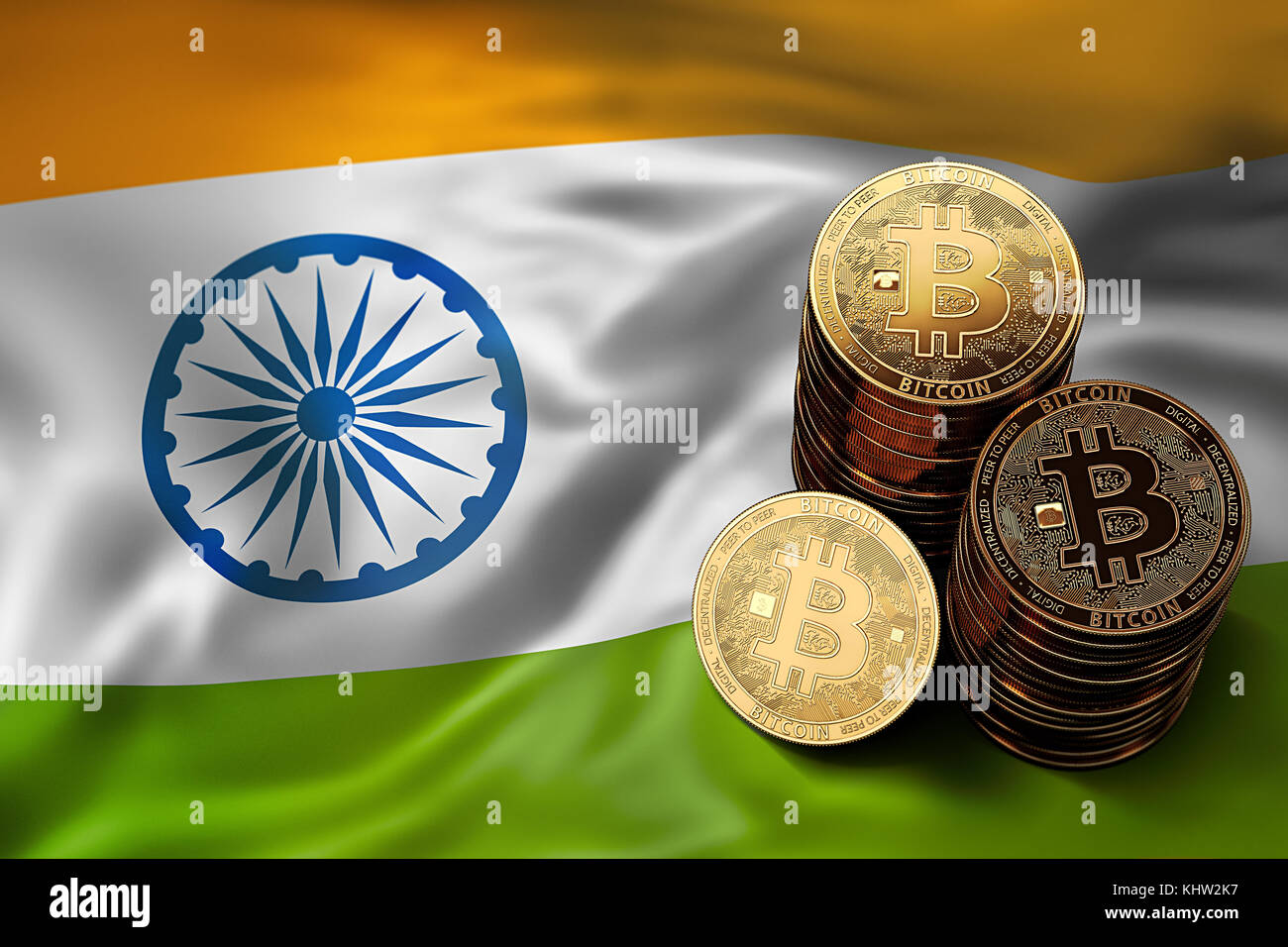 Stack of Bitcoin coins on Indian flag. Situation of Bitcoin and other ...