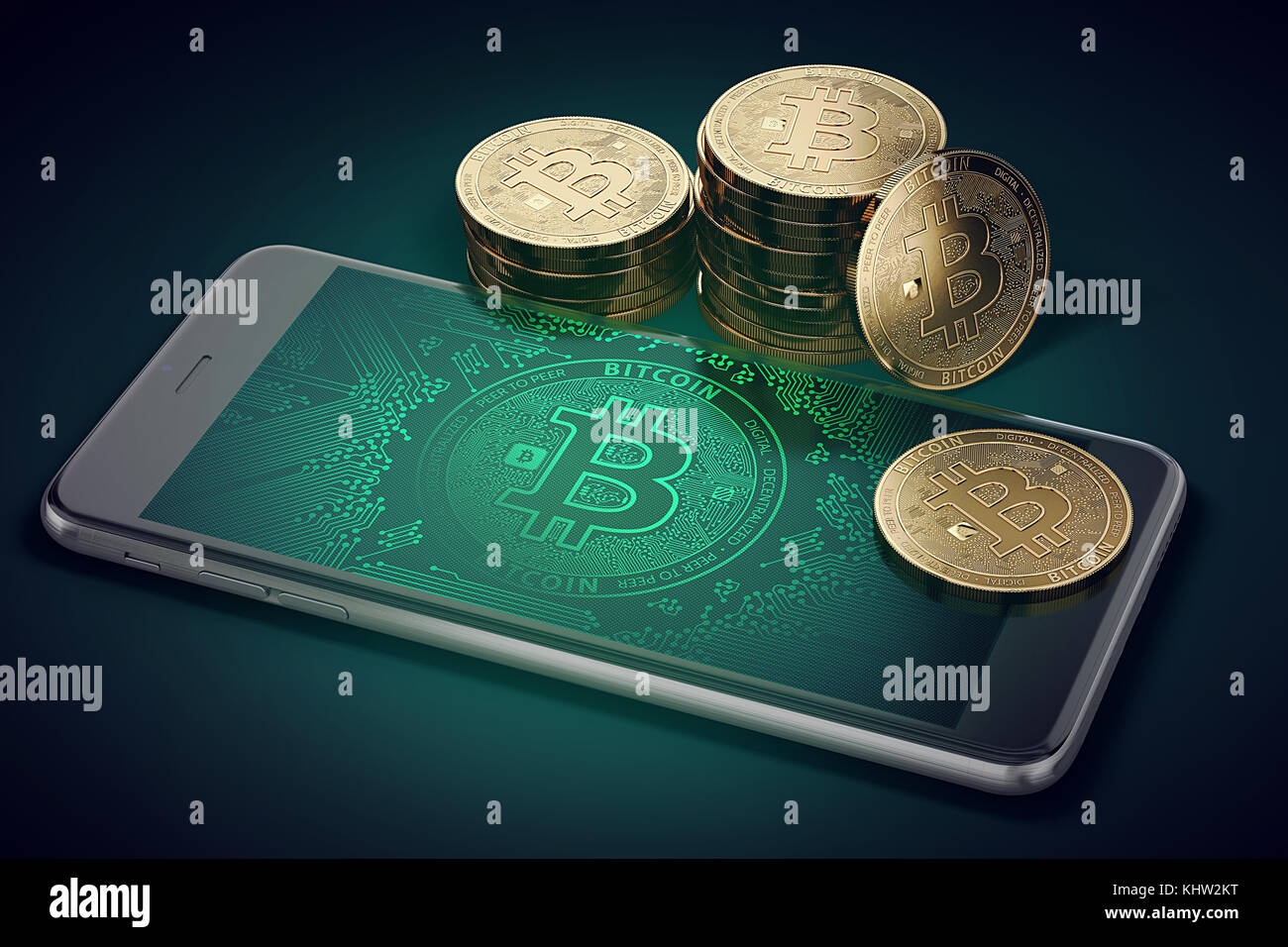 Smartphone with Bitcoin symbol on-screen and stack of golden Bitcoins ...