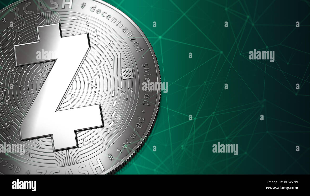 Macro shot of silver Zcash (ZEC) and copy space on the right where you ...
