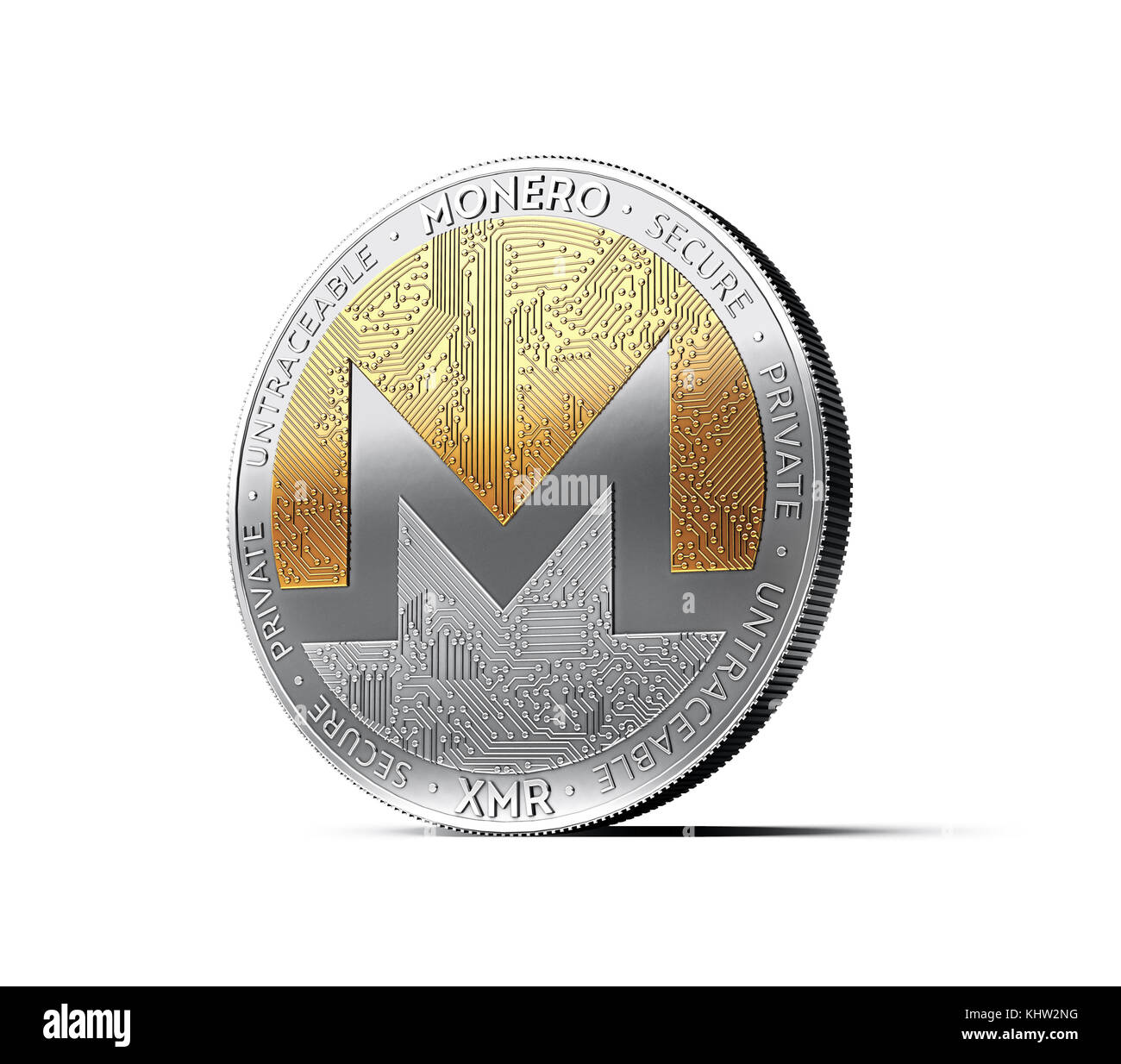 Silver and gold Monero coin isolated on white background. 3D rendering ...