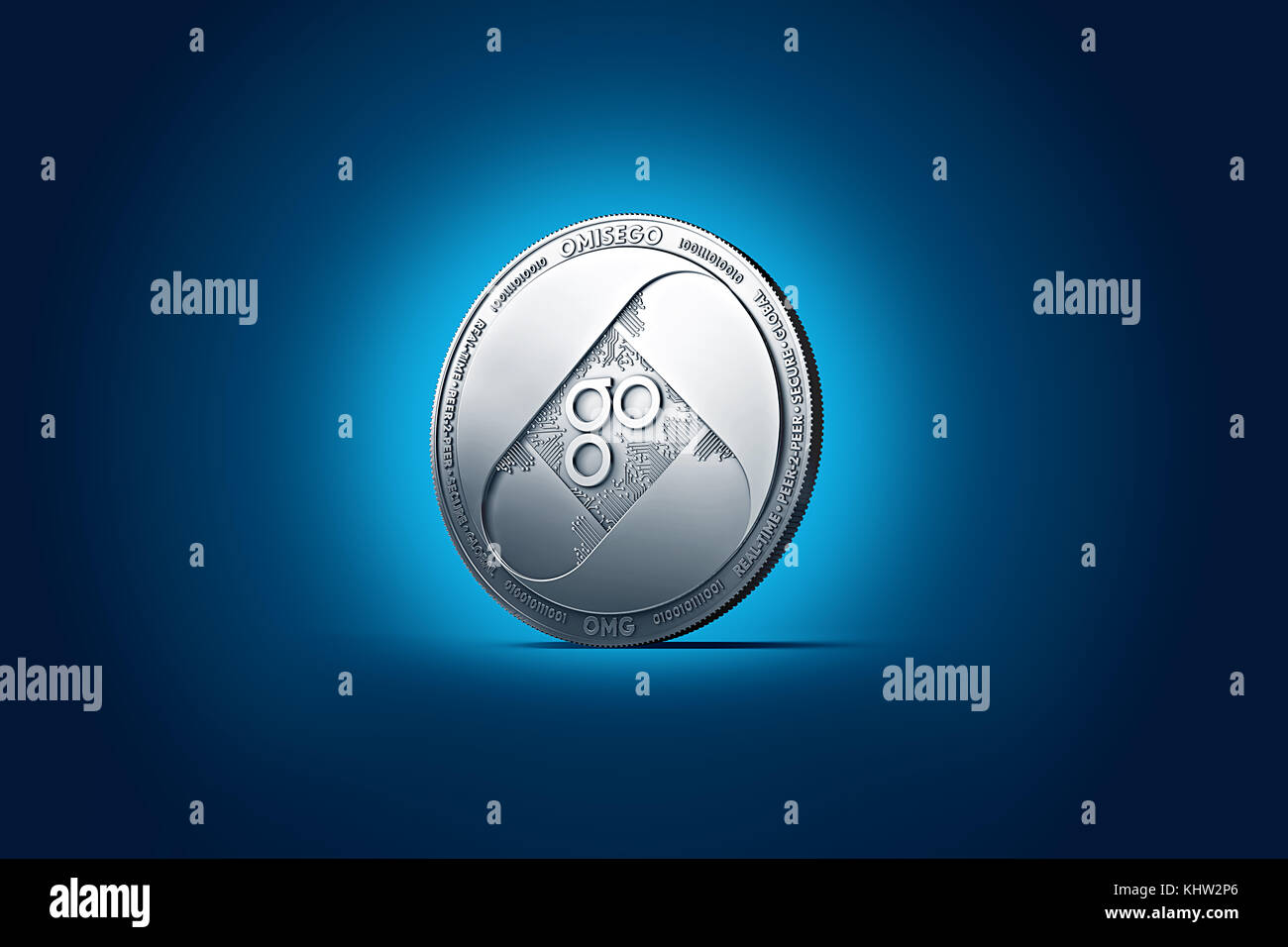 Shiny silver OMISEGO OMG coin displayed on gently lit dark blue ...