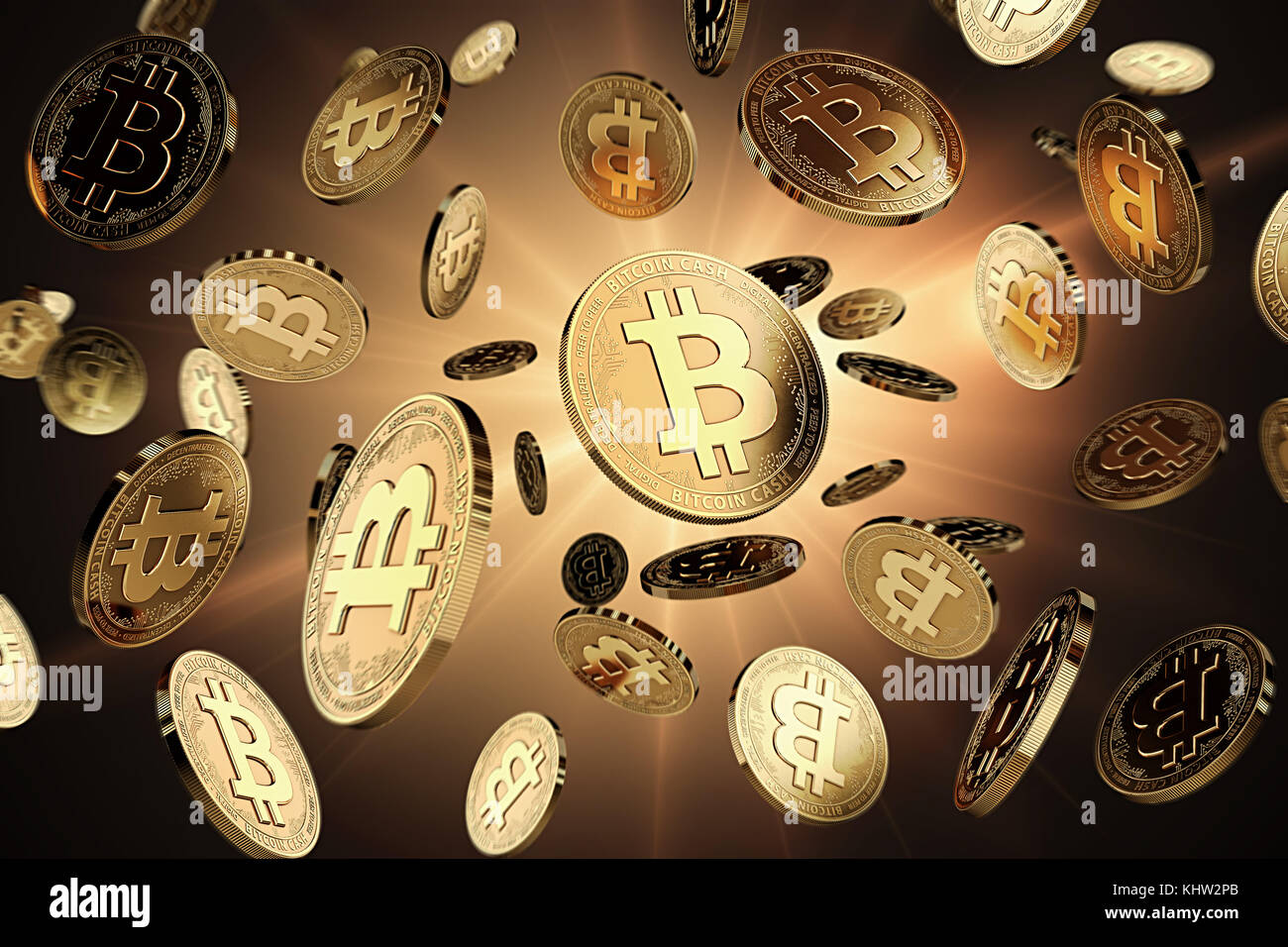 Scattered Bitcoin Cash coins on a lighted background. Success and ...