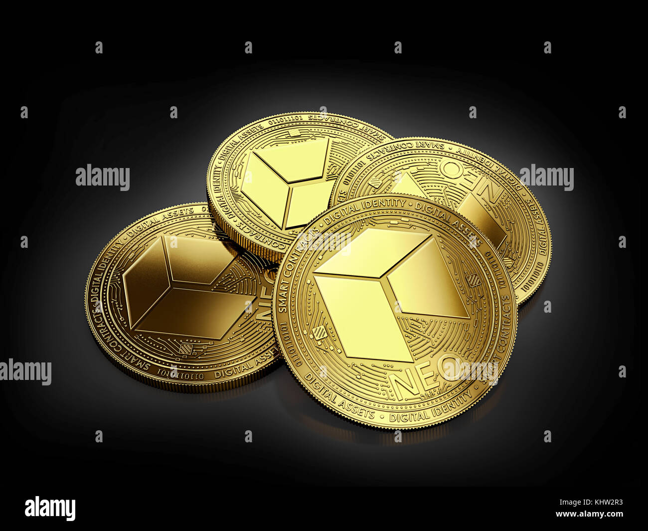 Stack of four golden NEO coins laying on the black background. 3D ...