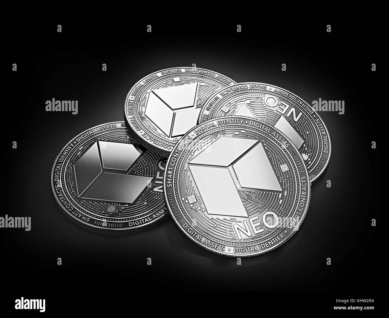 Stack of four silver NEO coins laying on the black background. 3D ...