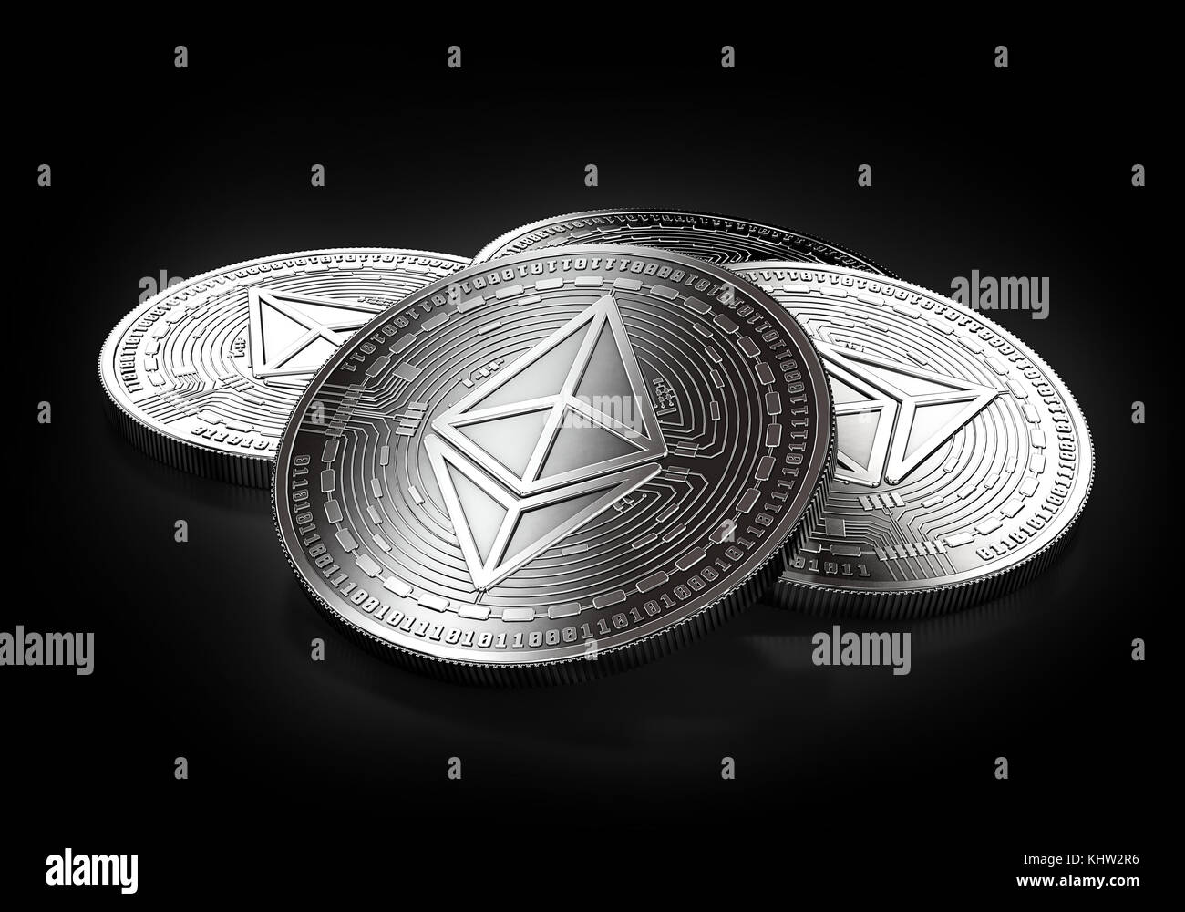 Stack of four silver Ethereum coins laying on the black background. 3D ...