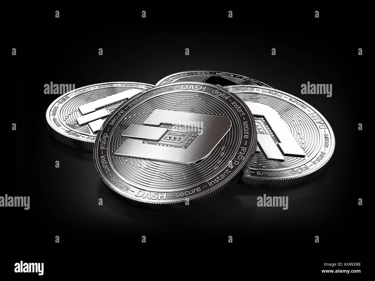 Stack of four silver Dash coins laying on the black background. 3D ...