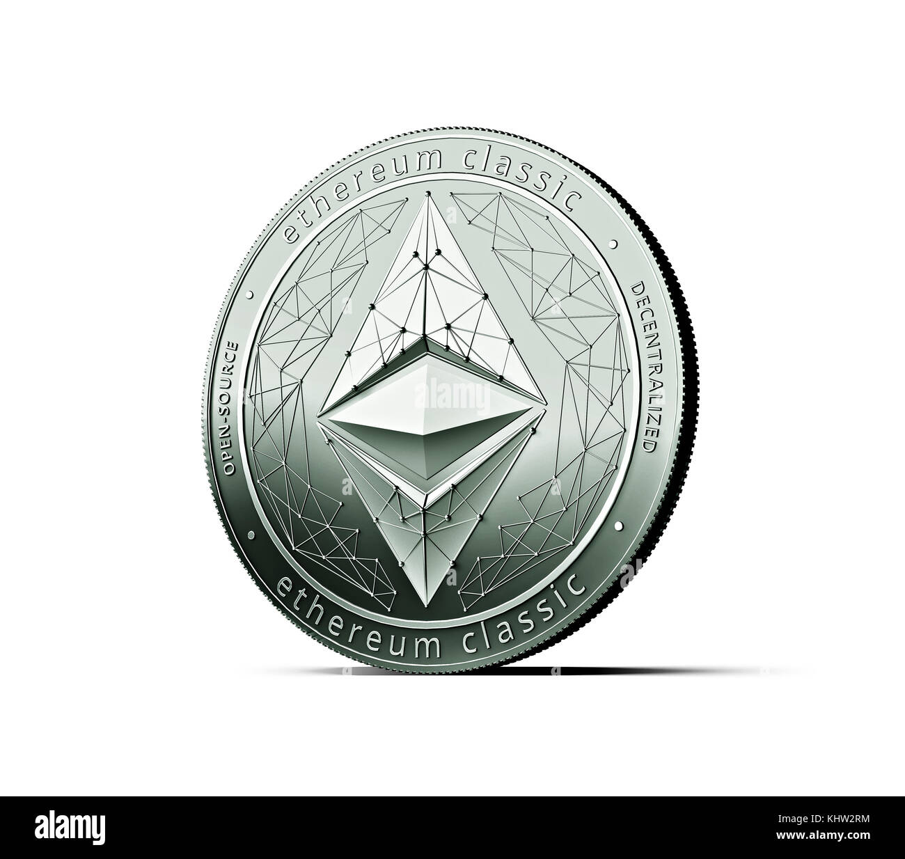 Shiny silver Ethereum classic concept coin isolated on white background ...